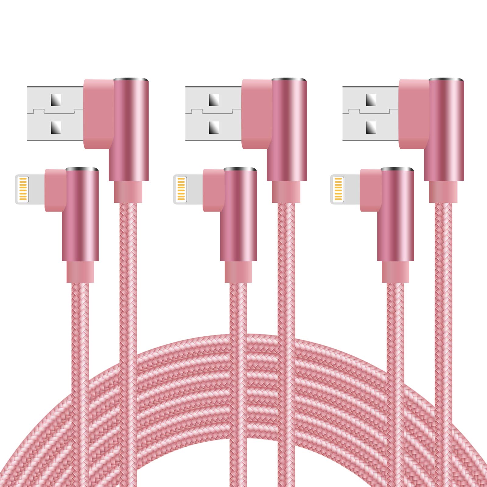 Quickeep iPhone Charger 10ft 90 Degree Lightning Cable 3 Pack iPhone Charging Cable Right Angle Nylon Braided Fast Charger Cord Compatible with iPhone 14/13/12/11/Xs/XR X/8/7 (Rose Gold)