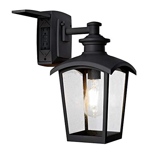 Home Luminaire 31703 Spence 1-Light Outdoor Wall Lantern with Seeded Glass and Built-in GFCI Outlet, Black