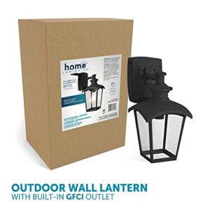 Home Luminaire 31703 Spence 1-Light Outdoor Wall Lantern with Seeded Glass and Built-in GFCI Outlet, Black