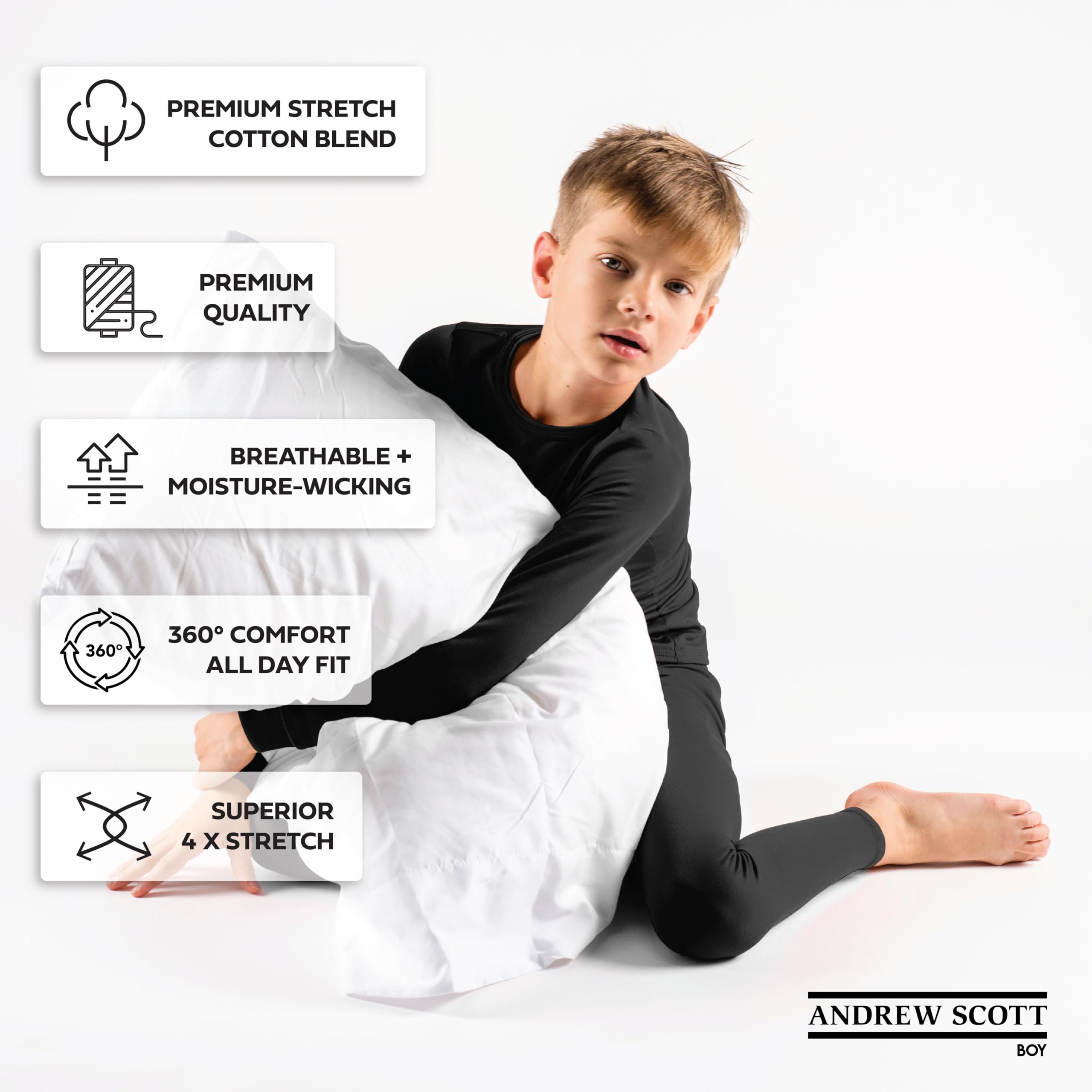 Andrew Scott Boys Long John Ultra-Soft Cotton Stretch Base Layer Underwear Sets / 3 Long Sleeve Tops + 3 Long Pants - 6 Piece Mix & Match (3 Sets / 6 Pc -WHITE, 12/14)