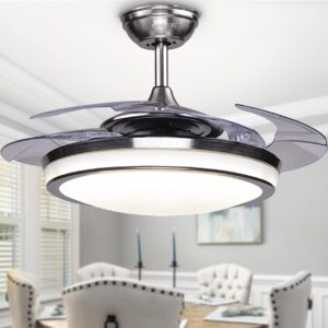 fandian 44" modern ceiling fan with lights remote control chandelier fixture, 3 lighting changes retractable fandelier for living room bedroom, brush chrome with silent motor