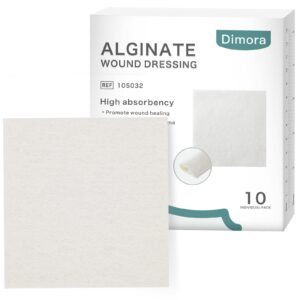 dimora calcium alginate wound dressing, 4'' x 4'' patches,10 individual sterile pads, soft and highly absorbent dressing gauze, non-stick padding