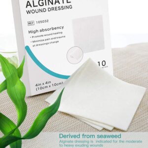 Dimora Calcium Alginate Wound Dressing, 4'' x 4'' Patches,10 Individual Sterile Pads, Soft and Highly Absorbent Dressing Gauze, Non-Stick Padding