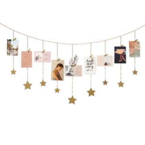 mkono hanging photo display boho decor wooden stars garland with metal chains, pictures cards holder with 25 wood clips, wall art for room bedroom dorm, teen girl gift ages 12 13 14 years old, gold