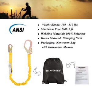 WELKFORDER Single Leg 6-Foot Fall Protection Internal Shock Absorbing Stretchable Safety Lanyard with Snap & Rebar Hook Connectors ANSI Compliant