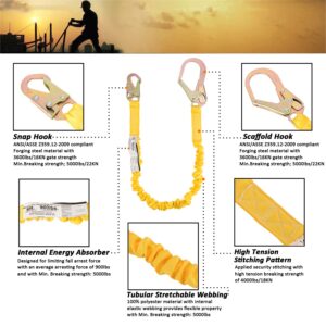 WELKFORDER Single Leg 6-Foot Fall Protection Internal Shock Absorbing Stretchable Safety Lanyard with Snap & Rebar Hook Connectors ANSI Compliant