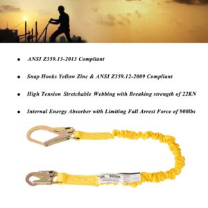 WELKFORDER Single Leg 6-Foot Fall Protection Internal Shock Absorbing Stretchable Safety Lanyard with Snap & Rebar Hook Connectors ANSI Compliant