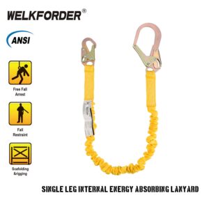 WELKFORDER Single Leg 6-Foot Fall Protection Internal Shock Absorbing Stretchable Safety Lanyard with Snap & Rebar Hook Connectors ANSI Compliant