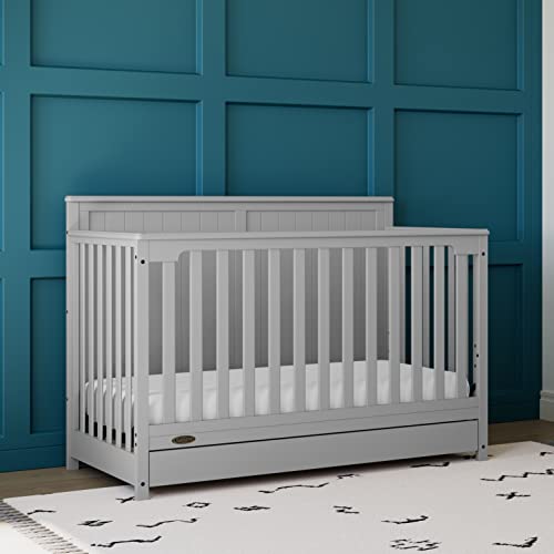 Graco Hadley 5-in-1 Convertible Crib with Drawer (Pebble Gray) – GREENGUARD Gold Certified, Crib with Drawer Combo, Full-Size Nursery Storage Drawer, Converts to Toddler Bed, Daybed