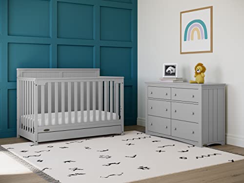 Graco Hadley 5-in-1 Convertible Crib with Drawer (Pebble Gray) – GREENGUARD Gold Certified, Crib with Drawer Combo, Full-Size Nursery Storage Drawer, Converts to Toddler Bed, Daybed