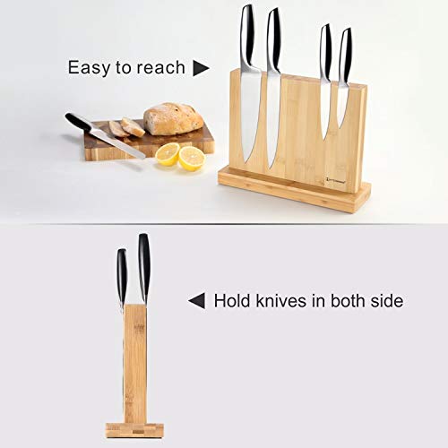 KITCHENDAO Luxury Double Sided Bamboo Magnetic Knife Block Holder without Knives with Enhanced Powerful Magnets, Cutlery Display Stand and Storage Rack Large Capacity, Easy to Reach, Easy to Clean