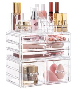 hblife acrylic clear dustproof makeup storage organizer drawers large skin care cosmetic display cases for bathroom stackable storage box with 6 drawers for vanity (clear)