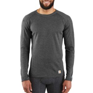 carhartt men's force midweight synthetic-wool blend base layer crewneck pocket top, dark black heather, large