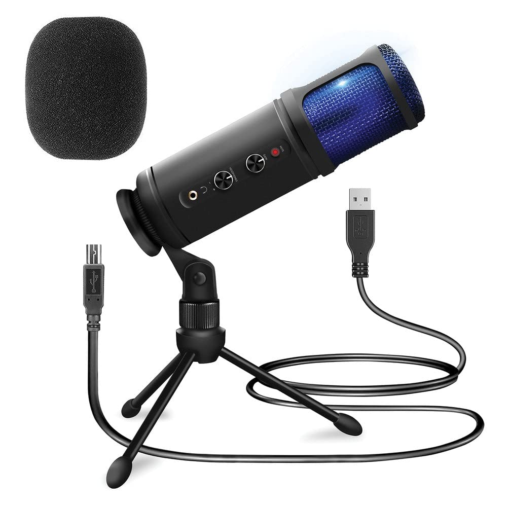 Jovial USB PC Recording Condenser Microphone-Blue LED,Adjustable Gain,Headphone Jack,Mute Control,Tripod Stand-Portable Pro Audio Condenser Desk Mic for Podcast Streaming Gaming-Pyle PDMIUSB50