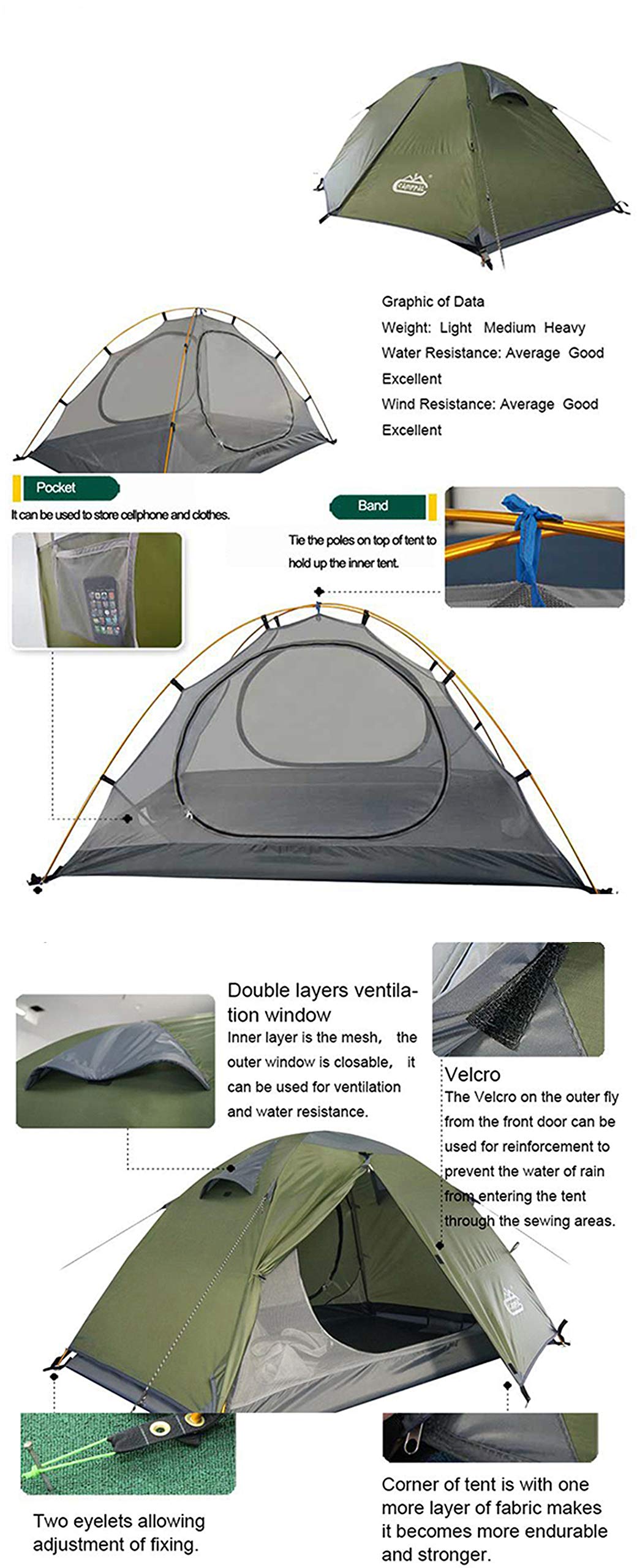 camppal Professional 1-2 Person 4 Season Expand Luggage Storage Space Mountain Tent, Lightweight Backpacking Tents, Durable Waterproof Windproof Hunting Hiking Camping Tent (Green)