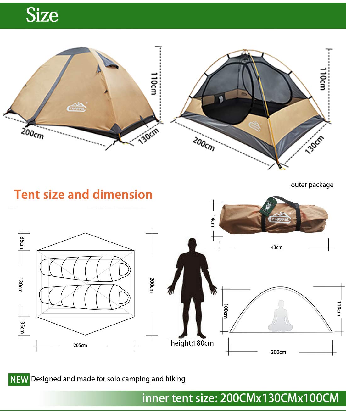 camppal Professional 1-2 Person 4 Season Expand Luggage Storage Space Mountain Tent, Lightweight Backpacking Tents, Durable Waterproof Windproof Hunting Hiking Camping Tent (Green)