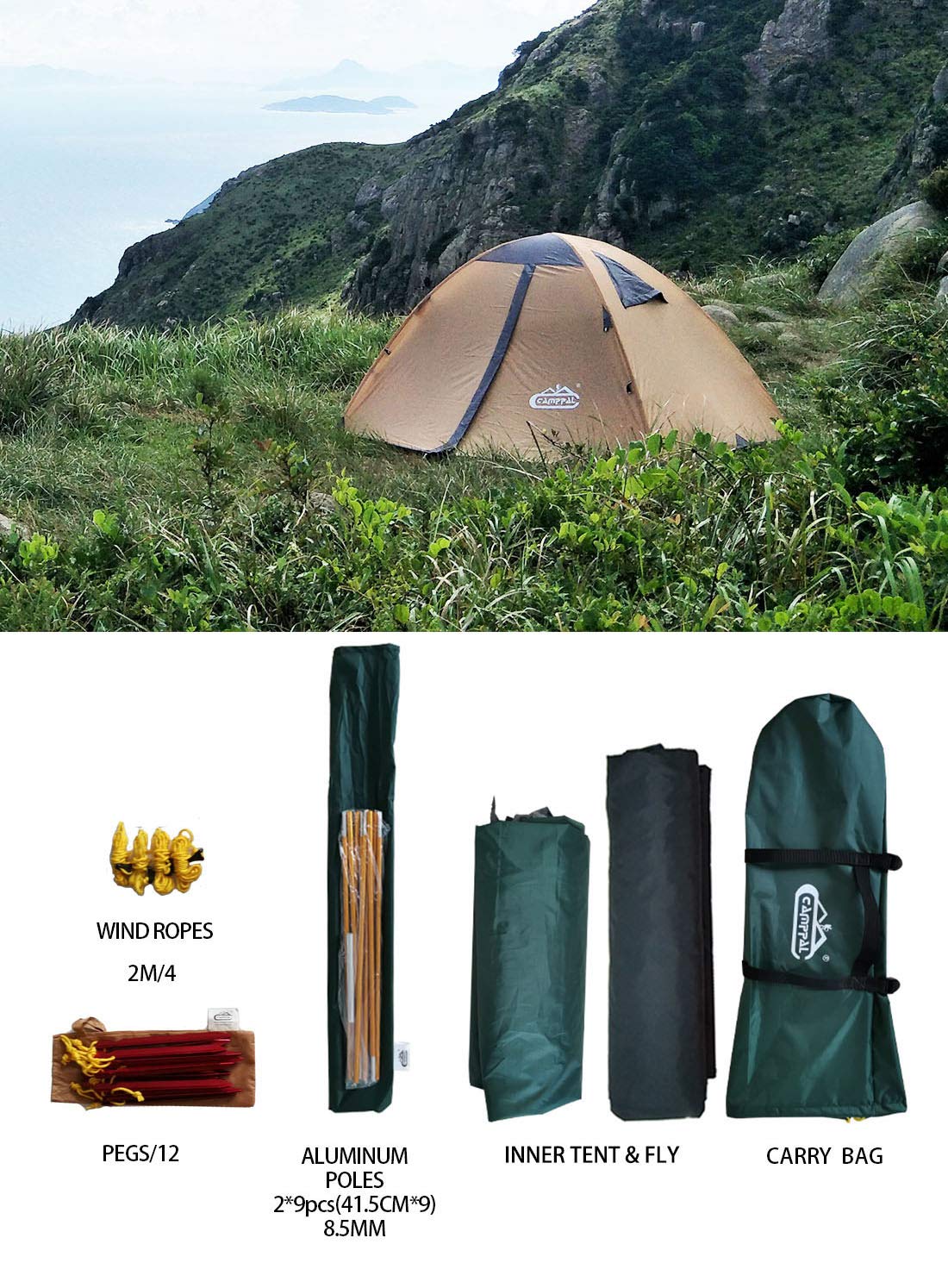 camppal Professional 1-2 Person 4 Season Expand Luggage Storage Space Mountain Tent, Lightweight Backpacking Tents, Durable Waterproof Windproof Hunting Hiking Camping Tent (Green)