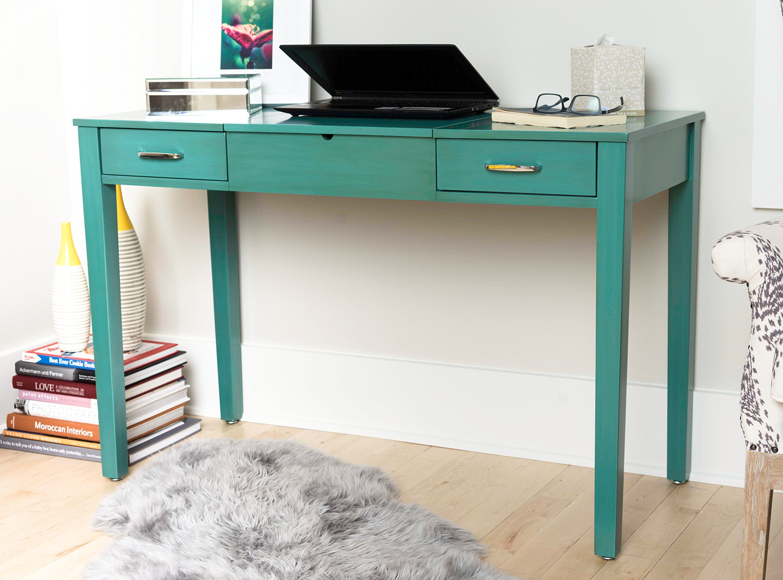 Alveare Home Aimee Makeup Dressing Table with USB and Outlet Vanity Desk, Turquoise