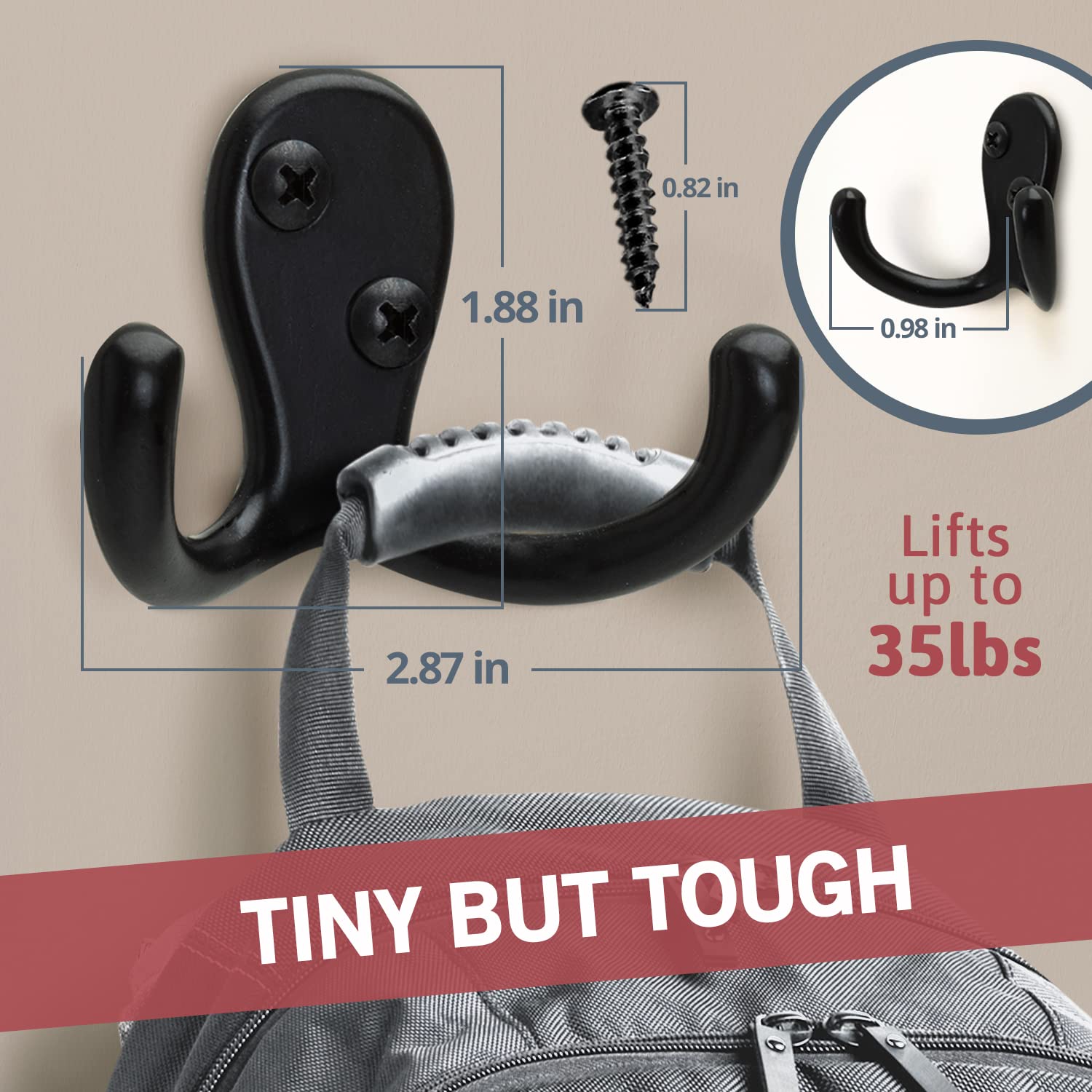 Jack N’ Drill 5 + 1 Pack Double Coat Hooks in Black Finish, Easy to Install, Stronger & More Durable for Heavy Items, Wall Mount Hook for Hanging Towels, Coats, Hats, Heavy Bags, and More