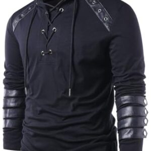 Iivos Men's Knight Drawstring Lace Up Pullover Hoodie Steampunk Long Sleeve Hooded Sweatshirt Black