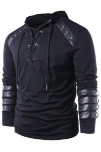 iivos men's knight drawstring lace up pullover hoodie steampunk long sleeve hooded sweatshirt black