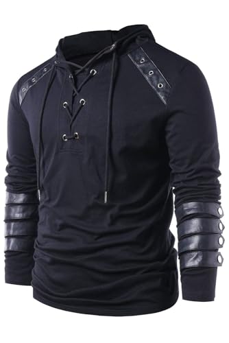 Iivos Men's Knight Drawstring Lace Up Pullover Hoodie Steampunk Long Sleeve Hooded Sweatshirt Black