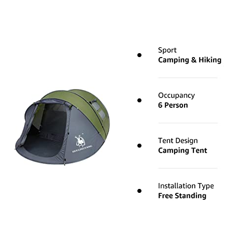 HUI LINGYANG 6 Person Easy Pop Up Tent,12.5’ x 8.5‘ x53.5,Automatic Setup,Waterproof, Double Layer,Instant Family Tents for Camping,Hiking & Traveling,Green