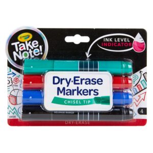 crayola take note chisel tip dry erase markers, kids at home activities, broad line, multicolor, 4 count.