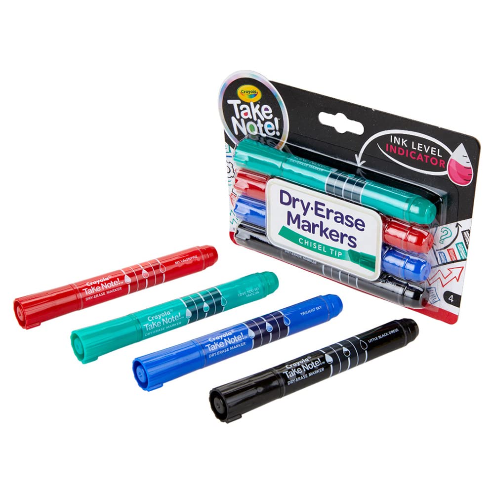 Crayola Take Note Chisel Tip Dry Erase Markers, Kids At Home Activities, Broad Line, Multicolor, 4 Count.