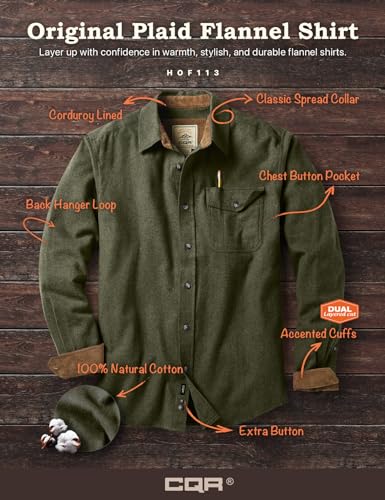 CQR Men's All Cotton Flannel Shirt, Long Sleeve Casual Button Up Plaid Shirt, Brushed Soft Outdoor Shirts, Solid Hunter Green, Medium