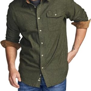 CQR Men's All Cotton Flannel Shirt, Long Sleeve Casual Button Up Plaid Shirt, Brushed Soft Outdoor Shirts, Solid Hunter Green, Medium