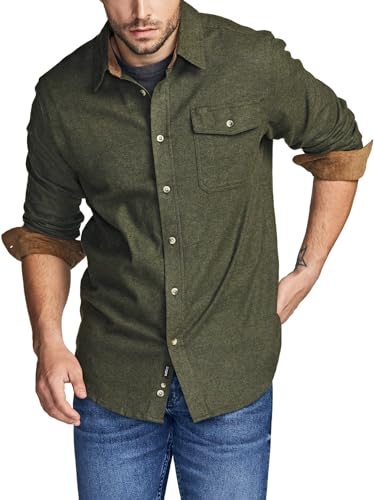 CQR Men's All Cotton Flannel Shirt, Long Sleeve Casual Button Up Plaid Shirt, Brushed Soft Outdoor Shirts, Solid Hunter Green, Medium