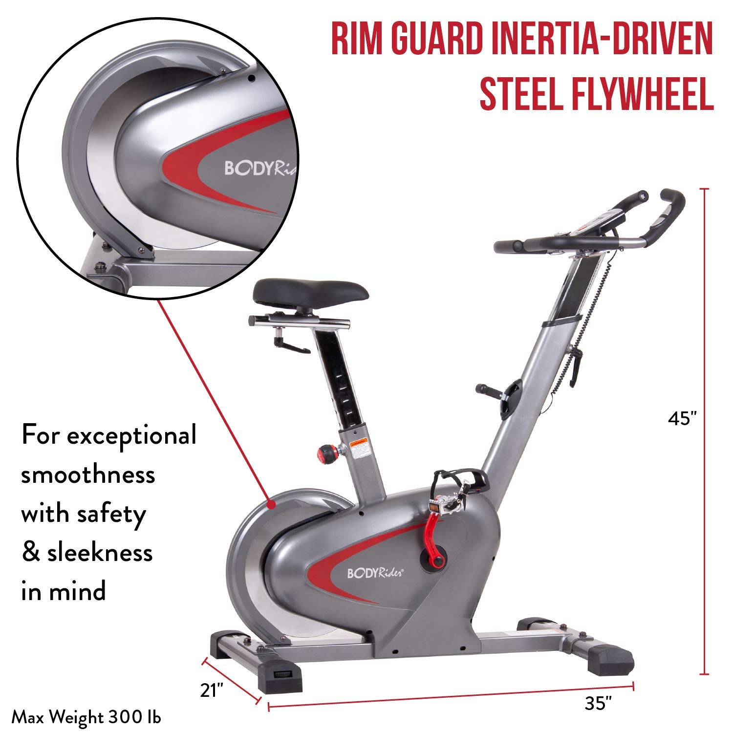 Body Rider BCY6000, Indoor Upright Bike with Curve-Crank Technology, Rear Flywheel, Grey/Black/Red