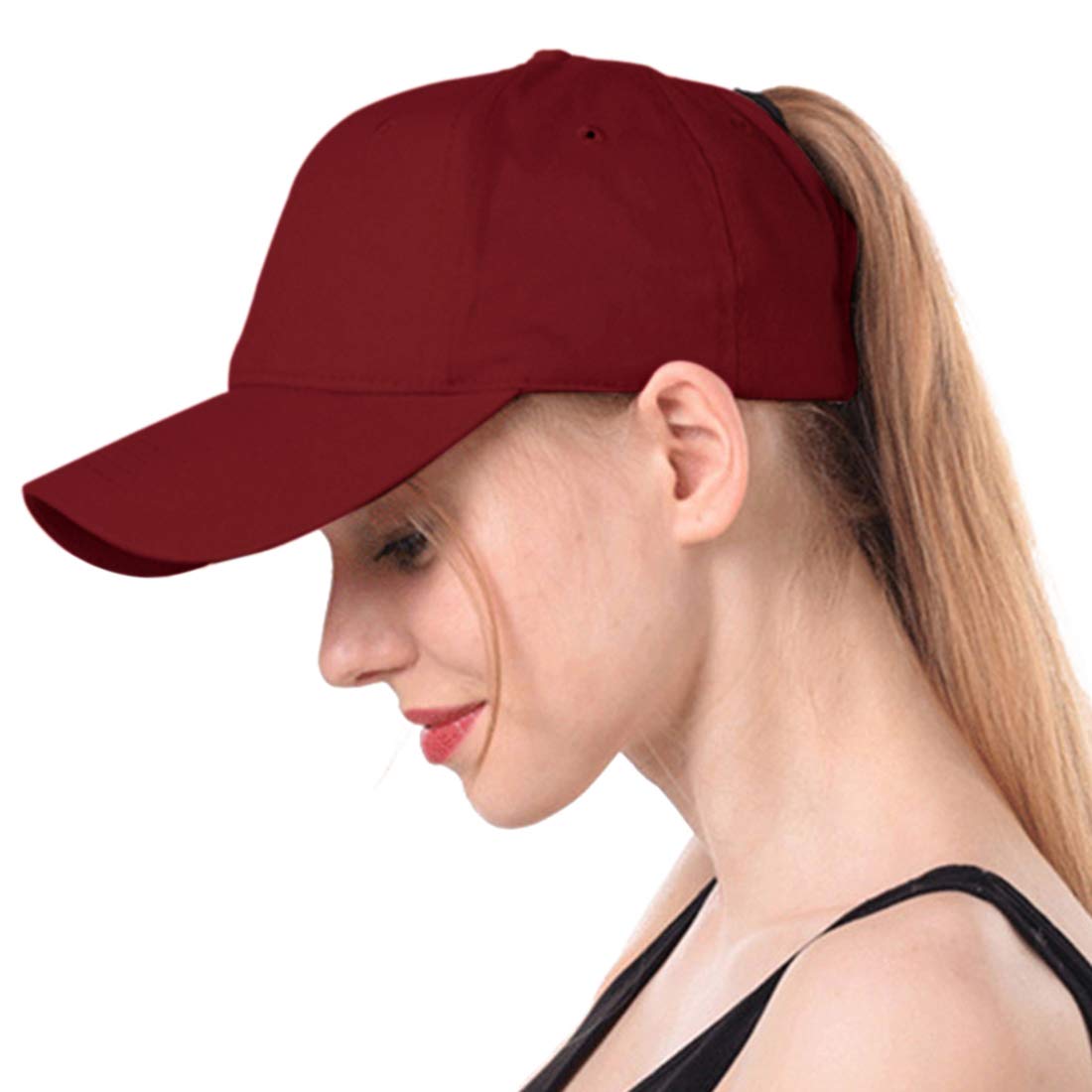 Muryobao Womens Ponytail Baseball Cap Messy High Bun Ponycap Adjustable Snapback Summer Sun Hat Plain Trucker Dad Hat Cotton Wine Red