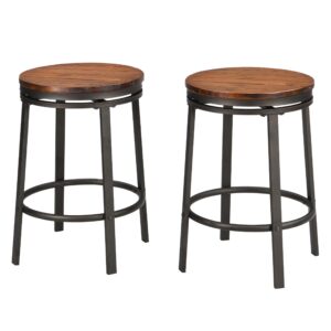 o&k furniture 24-inch backless swivel bar stools counter height, industrial stools for kitchen counter, wood and metal bar stool chairs set of 2, dark brown