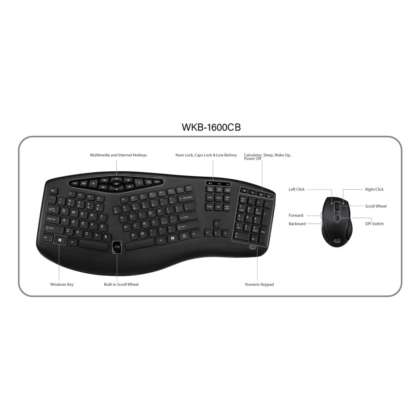 Adesso Truform Media 1600 (WKB-1600CB) 2.4GHz RF Wireless Ergonomic Keyboard and Optical Mouse , Multi-Media Keys and Adjustable DPI Mouse 5 Million Keystrokes Black