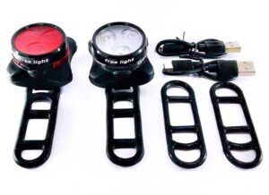 free light led bicycle lights, front and rear bike lights set, black aluminum alloy and durable plastic, 4 light functions, 2 usb cables included and 4 straps.