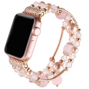 suppeak band compatible with apple watch 38mm 40mm 41mm, women girl elastic handmade pearl bracelet replacement for series se 7 6 5 4 3 2 1, pink