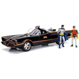 jada 98625 dc comics classic tv series batmobile die-cast car, 1:18 scale vehicle & 3" batman & robin collectible figurine 100% metal, black