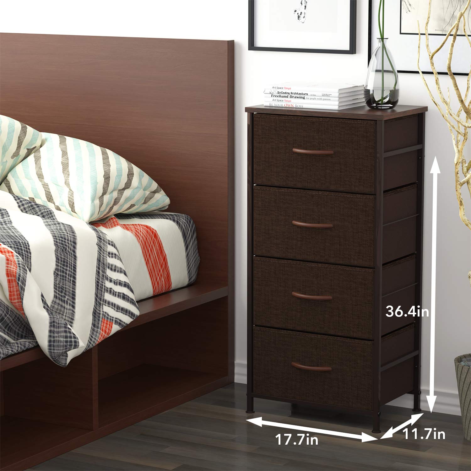 ROMOON Dresser for Bedroom, Small Dresser with 4 Storage Drawers, Chest of Fabric Drawers with Sturdy Steel Frame and Wood Top for Closet, Living Room, Hallway, Entryway (Brown)