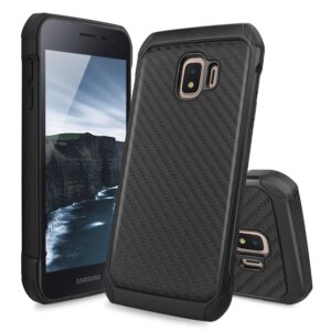 tjs phone case compatible with samsung galaxy j2 core/j2 2019/j2 pure/j2 dash/j2 shine, hybrid shock absorbing carbon fiber back hard tpu inner layer (black)