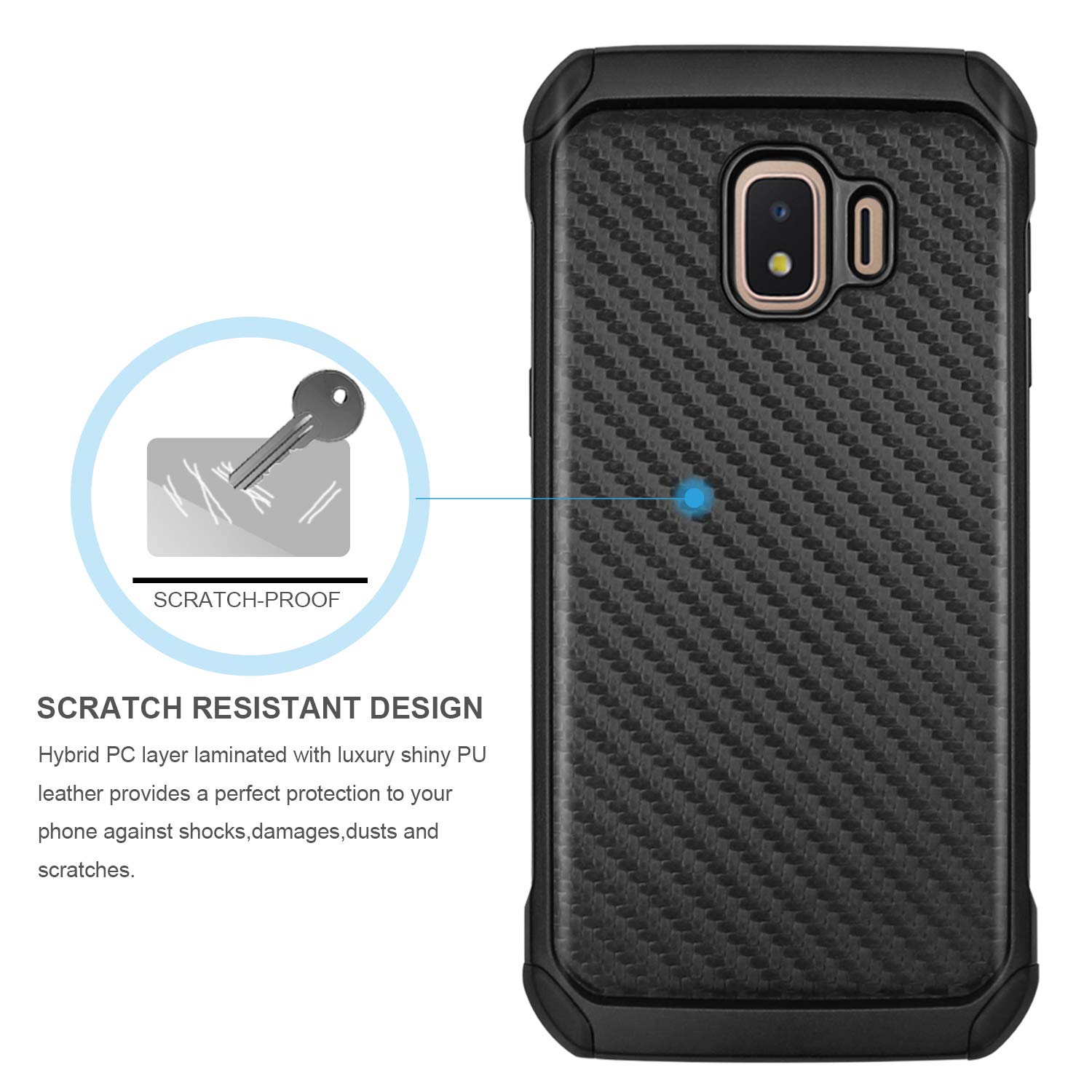 TJS Phone Case Compatible with Samsung Galaxy J2 Core/J2 2019/J2 Pure/J2 Dash/J2 Shine, Hybrid Shock Absorbing Carbon Fiber Back Hard TPU Inner Layer (Black)