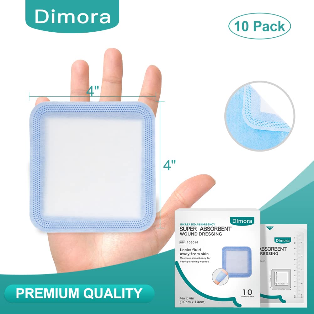 Dimora Super Absorbent Dressings for Wound Care, 4"X4" Nonstick Gauze Pad with Ultrasorb Polymer for Drainage and Fast Healing, 10 Packs