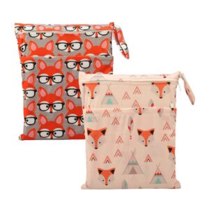 sigzagor 2 wet bags reusable diaper nappy bag with two zippered pockets (teepee fox and glasses fox)