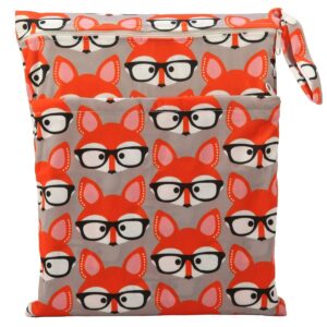 Sigzagor 2 Wet Bags Reusable Diaper Nappy Bag With Two Zippered Pockets (Teepee Fox and Glasses Fox)