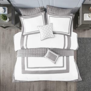 madison park heritage comforter quilt combo set - modern luxury design, all season down alternative bedding, matching shams, decorative pillows, full/queen(90"x90"), color block grey 8 piece