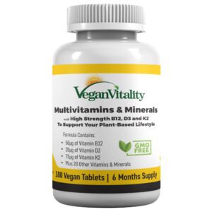 vegan multivitamins & minerals for women and men with high strength vitamin b12, d3 & k2. 180 multivitamin tablets - 6 months supply. vitamins for vegans & vegetarians