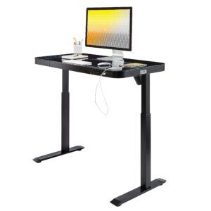 seville classics airlift electric height adjustable desk with tempered glass top, usb charging ergonomic sit stand modern home office workstation, 47.5" x 24" pull out drawer, black