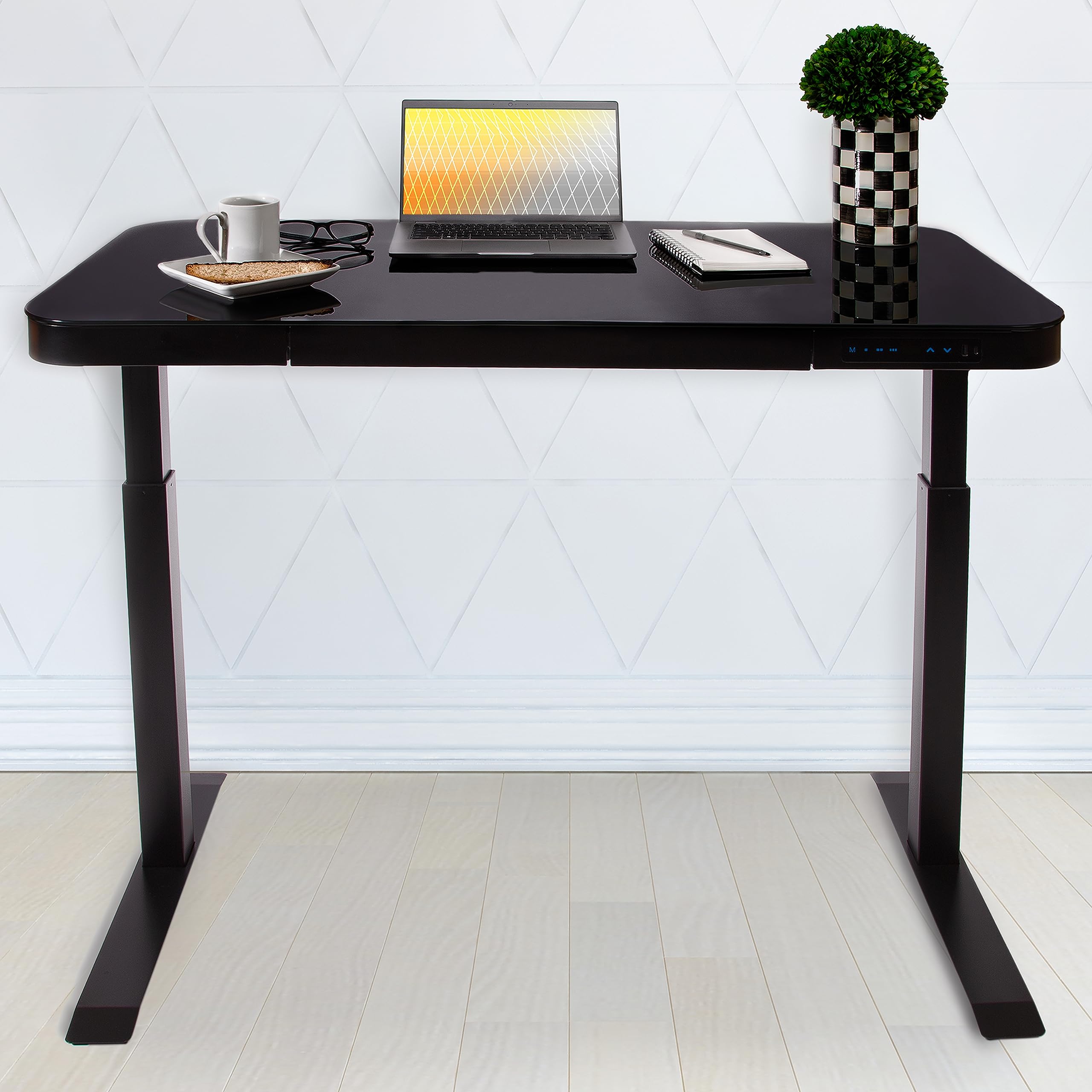 Seville Classics Airlift Electric Height Adjustable Desk with Tempered Glass Top, USB Charging Ergonomic Sit Stand Modern Home Office Workstation, 47.5" x 24" Pull Out Drawer, Black