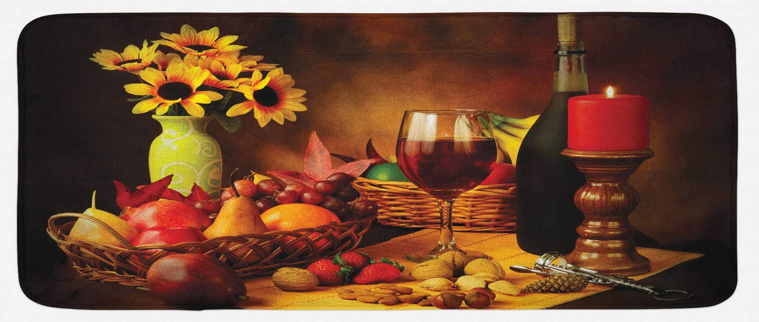 Lunarable Winery Kitchen Mat, Still Life Image of Red Wine Flowers Fruits and Nuts with Candle Romantic Evening, Plush Decorative Kitchen Mat with Non Slip Backing, 47" X 19", Vermilion Yellow